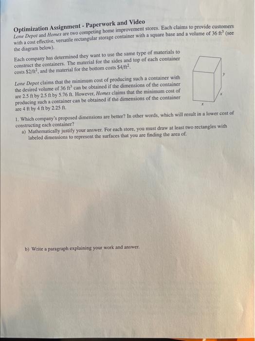 Solved Optimization Assignment - Paperwork and Video Lone | Chegg.com