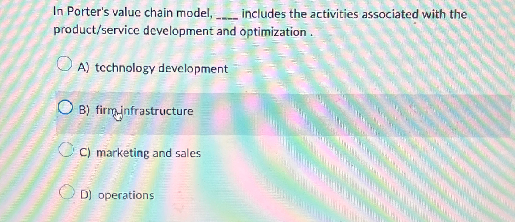 Solved In Porter's value chain model, includes the | Chegg.com