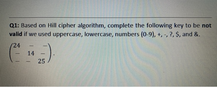 Solved Q1: Based on Hill cipher algorithm, complete the | Chegg.com