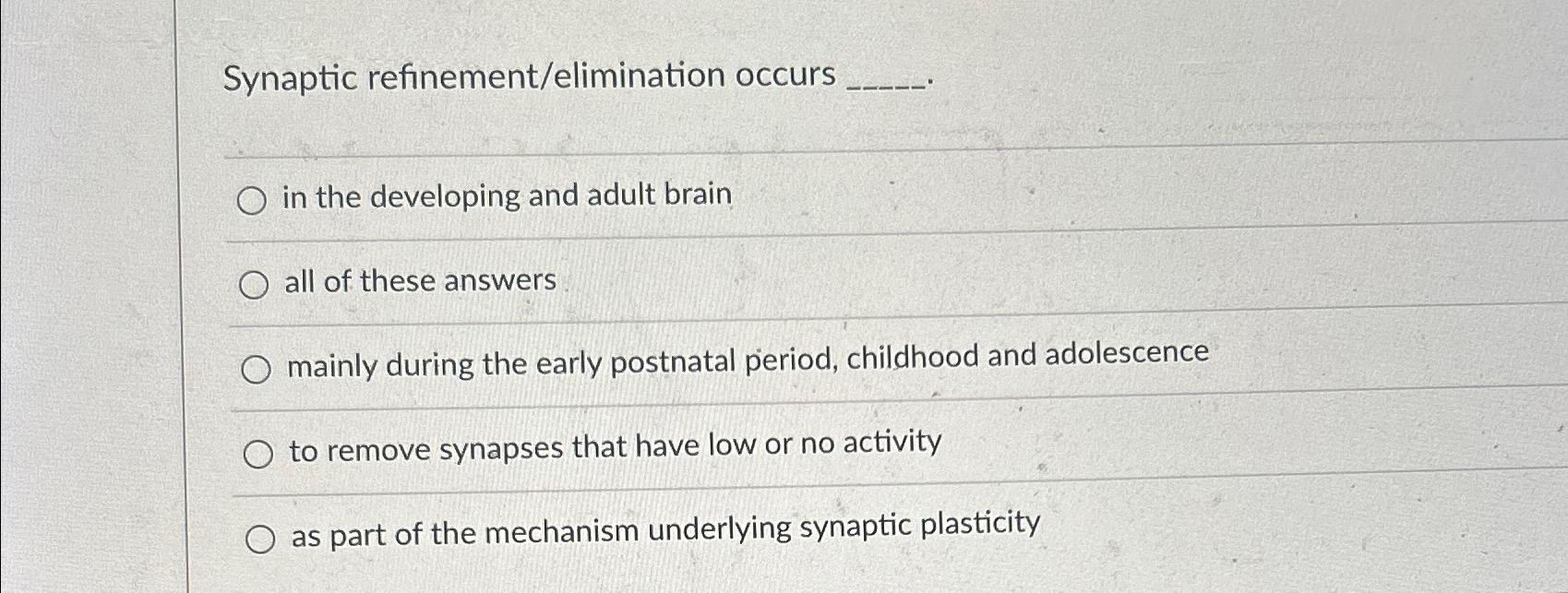 Solved Synaptic refinement/elimination occursin the | Chegg.com