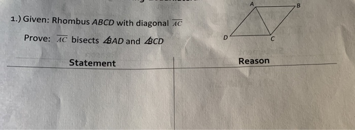 Solved 1.) Given: Rhombus ABCD with diagonal AC Prove: AC | Chegg.com