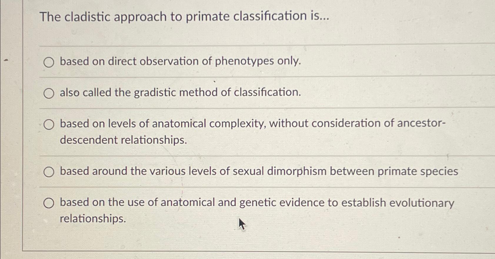 Solved The cladistic approach to primate classification | Chegg.com