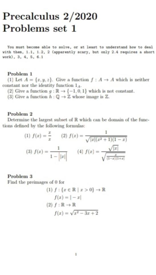 Solved Precalculus 2/2020 Problems set 1 You must become | Chegg.com