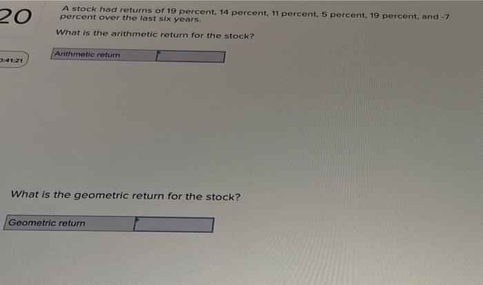 Solved A stock had returns of 19 percent, 14 percent, 11 | Chegg.com
