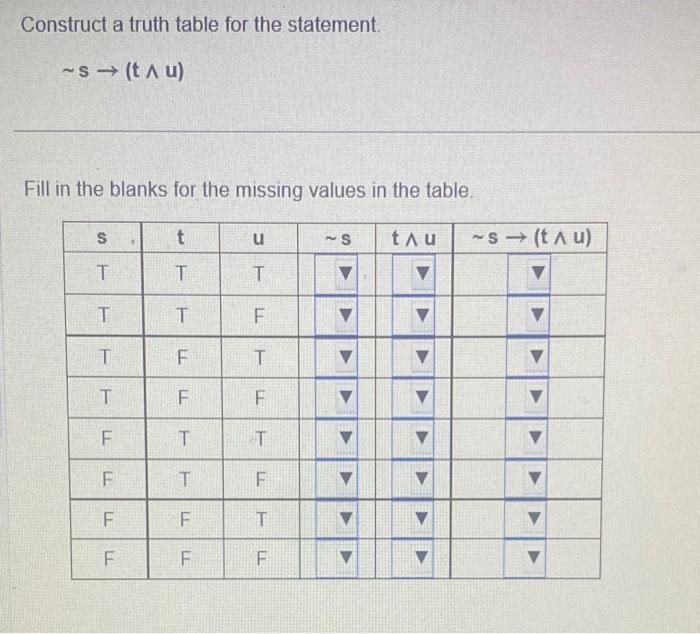 Solved Construct a truth table for the statement. ∼s→(t∧u) | Chegg.com