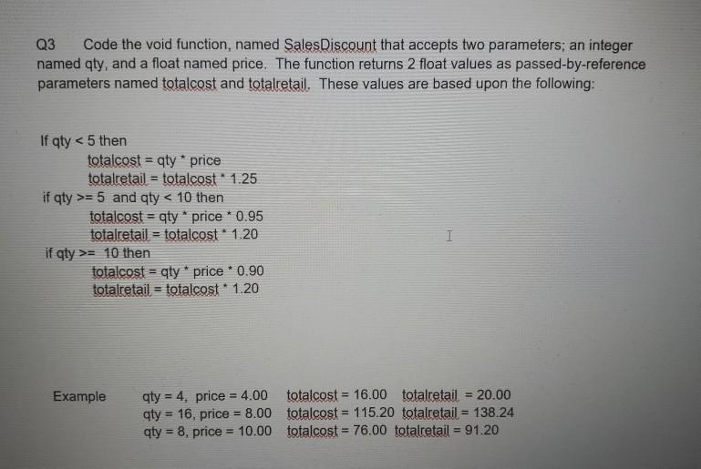 Solved Q3 Code the void function, named Sales Discount that | Chegg.com