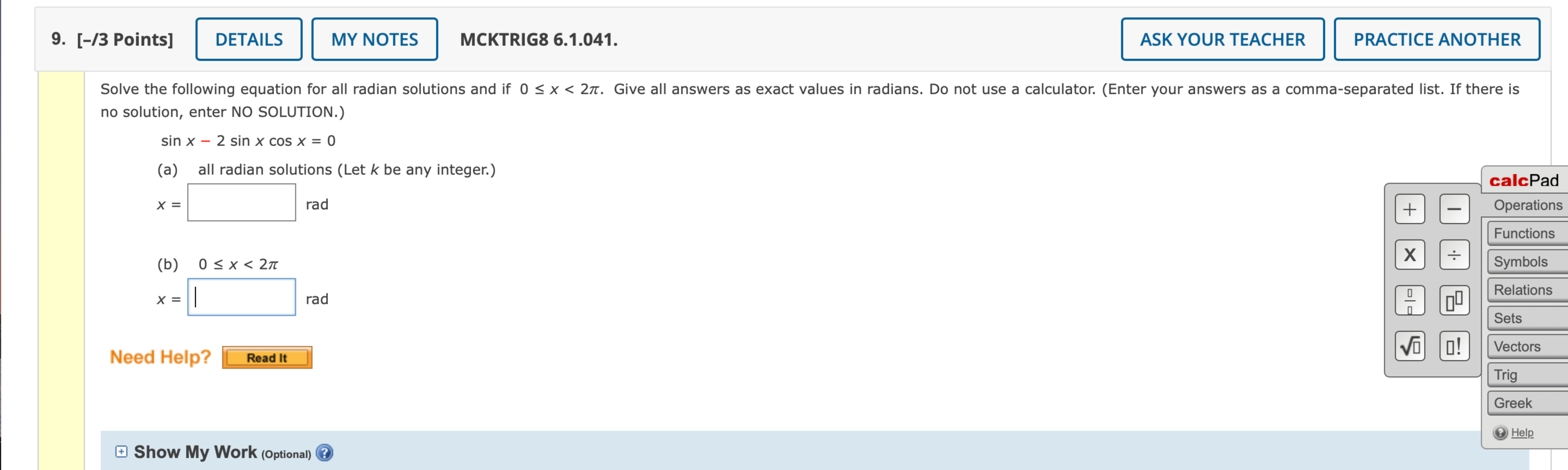 Solved Solve the following equation for all radian solutions | Chegg.com