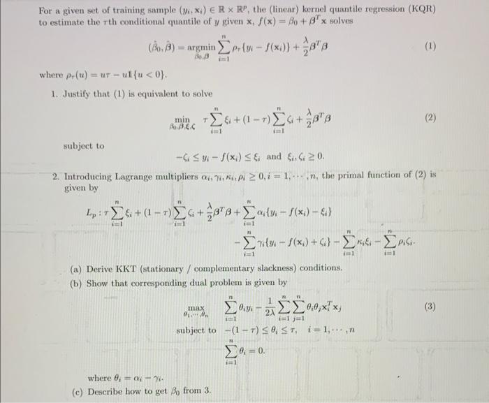 Solved For a given set of training sample (yi,xi)∈R×RP, the | Chegg.com