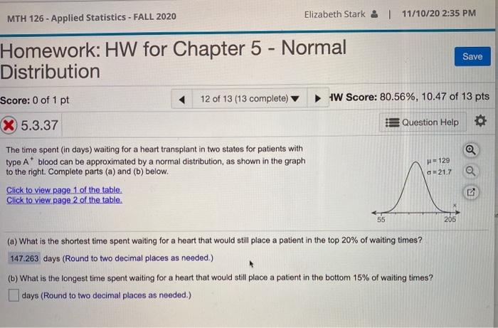 Solved MTH 126 - Applied Statistics - FALL 2020 Elizabeth | Chegg.com