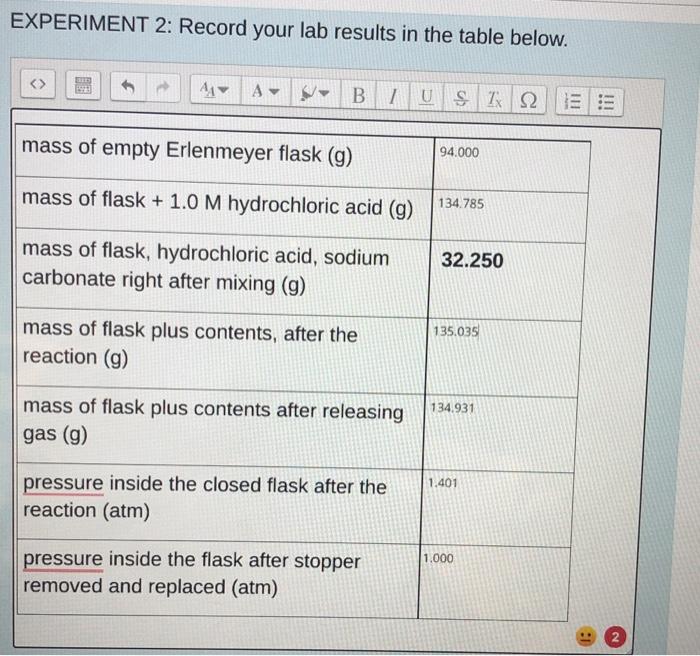 Solved EXPERIMENT 2: Calculate the mass of the gas formed in | Chegg.com