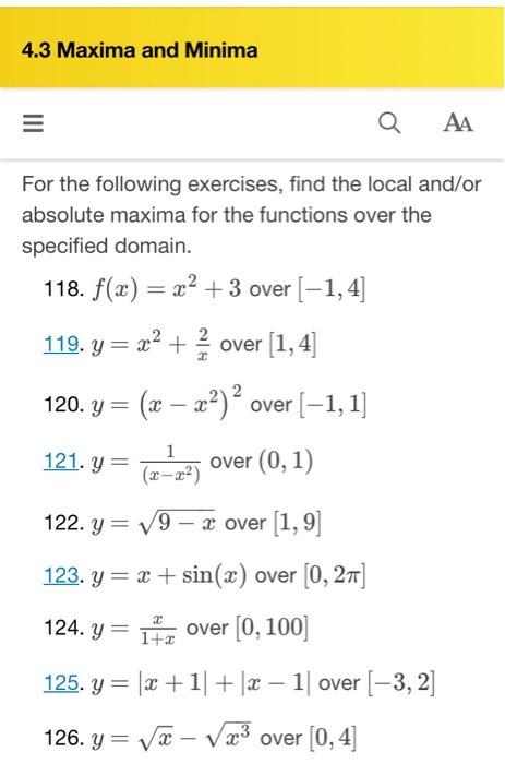 Solved 4.3 Maxima and Minima ≡ For the following exercises, | Chegg.com