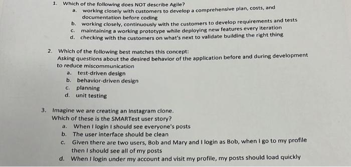 Solved 1. Which of the following does NOT describe Agile? a. | Chegg.com