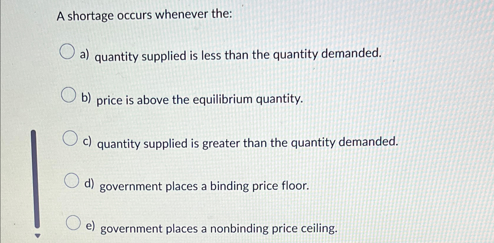 Solved A shortage occurs whenever the:a) ﻿quantity supplied | Chegg.com