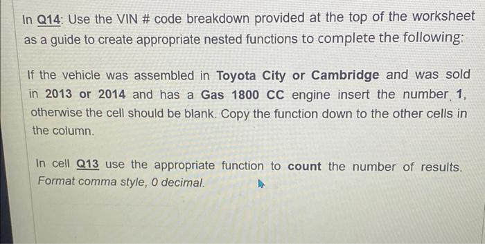 Solved In Q14: Use the VIN \# code breakdown provided at the | Chegg.com