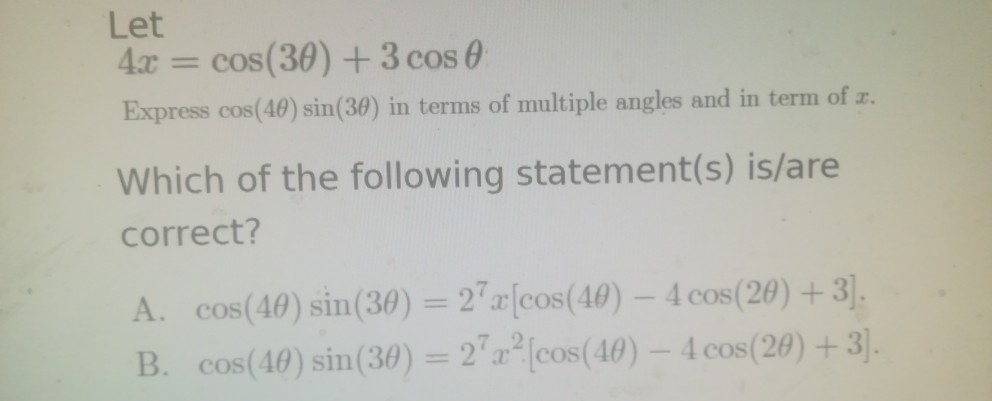 Solved Let 42 cos(30) + 3 cose Express cos(40) sin(30) in | Chegg.com