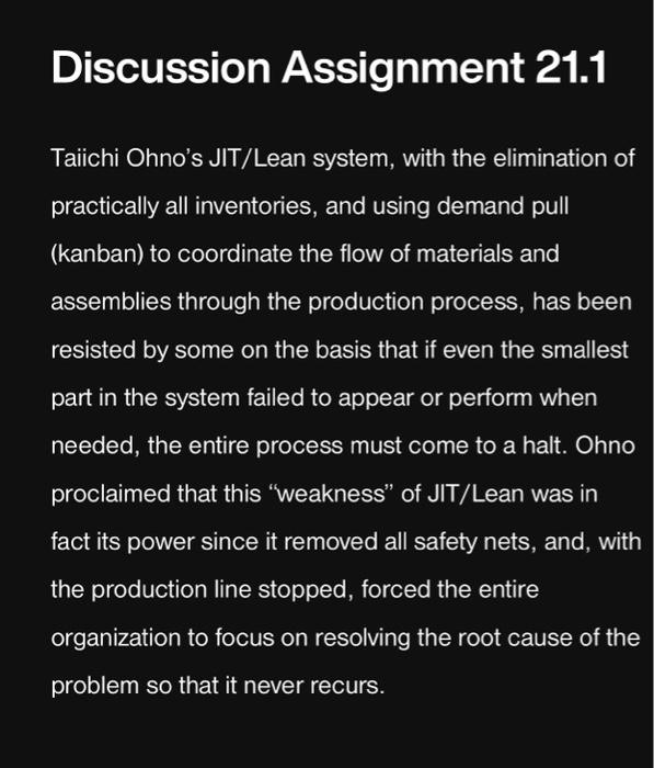 Solved Discussion Assignment 21.1 Taiichi Ohno's JIT/Lean | Chegg.com