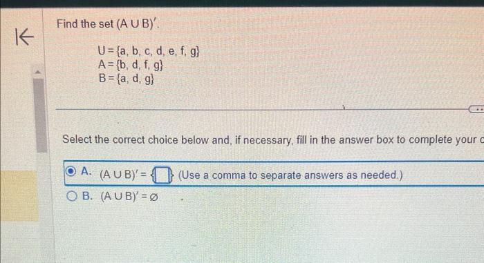 Solved Find the set (A∪B)′. | Chegg.com