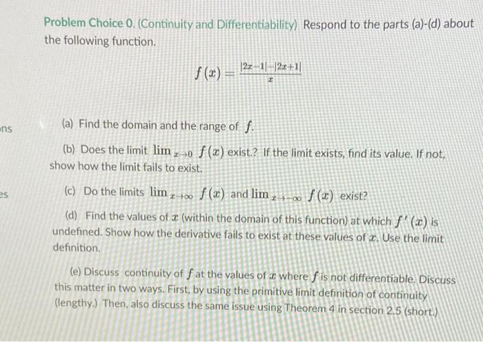 Solved Problem Choice 0. (Continuity and Differentiability) | Chegg.com