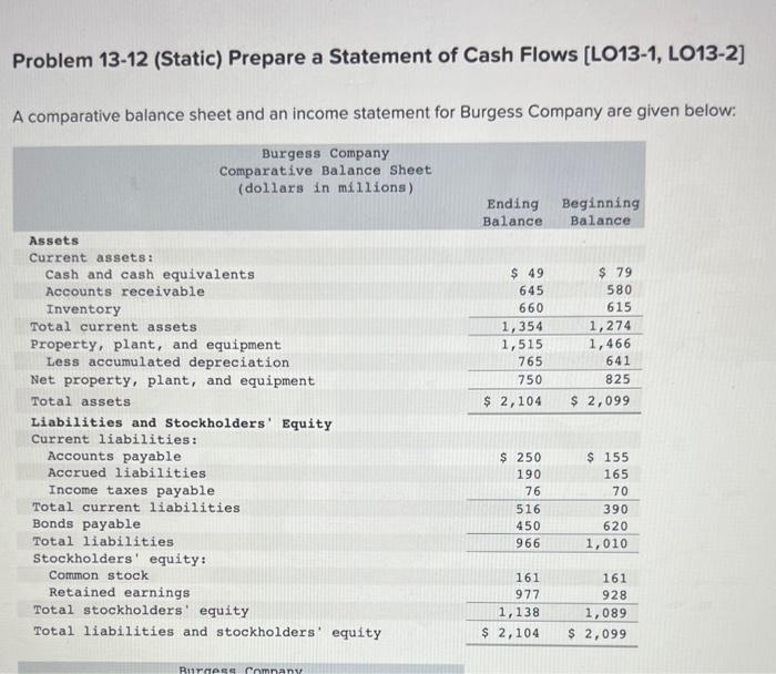 Solved Problem 13-12 (Static) Prepare a Statement of Cash | Chegg.com