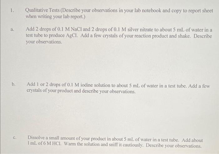 Solved 1. Qualitative Tests (Describe your observations in | Chegg.com
