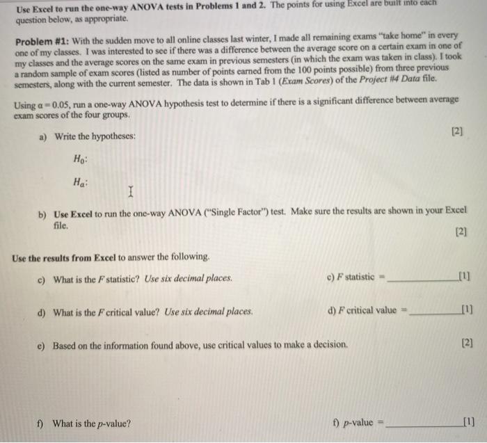 Solved Use Excel to run the one-way ANOVA tests in Problems | Chegg.com