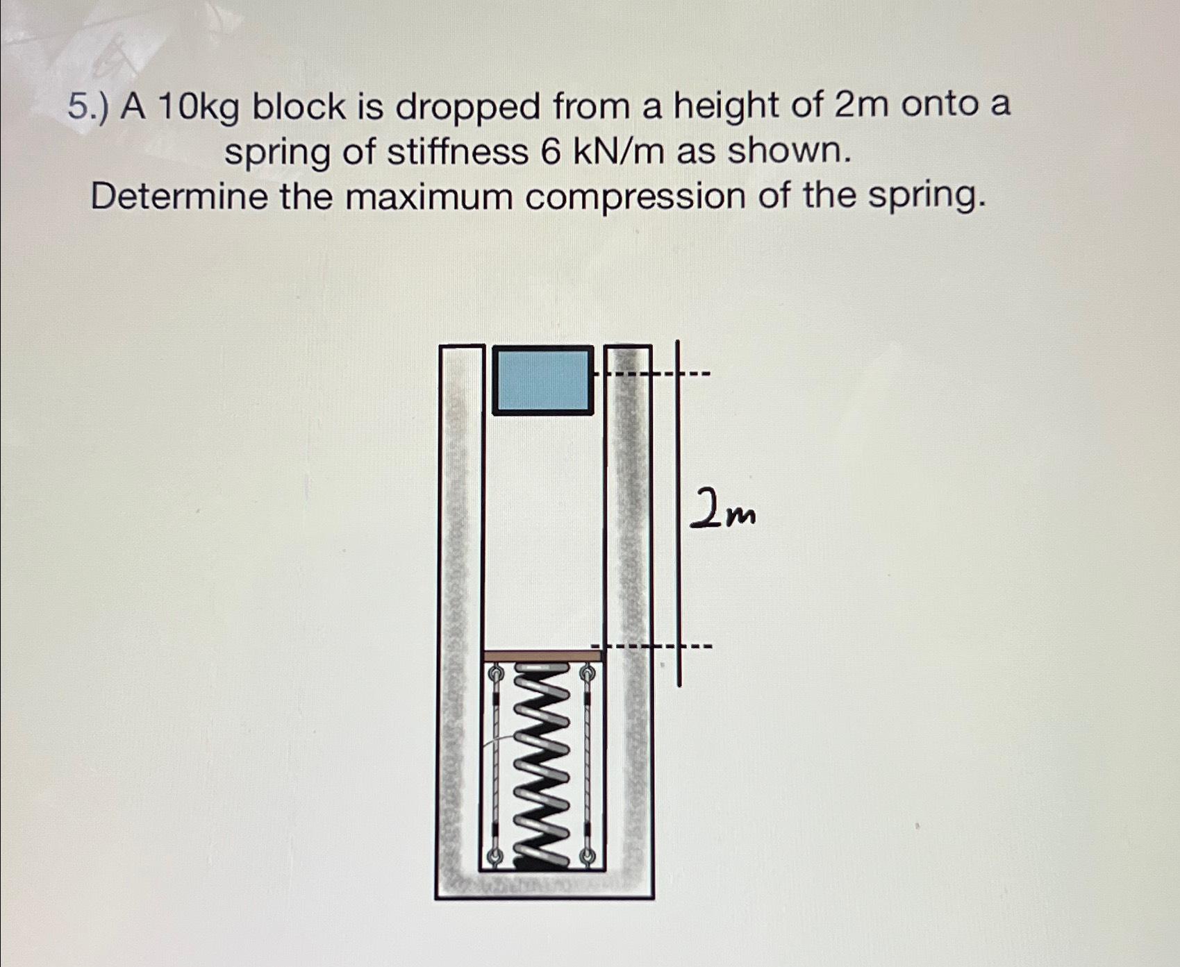 Solved 5.) ﻿A 10kg ﻿block is dropped from a height of 2m | Chegg.com