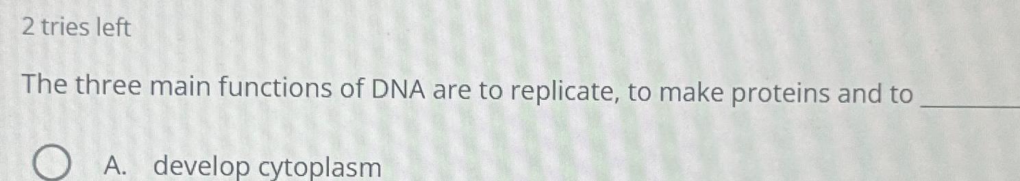 Solved 2 ﻿tries leftThe three main functions of DNA are to | Chegg.com