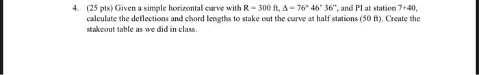 Solved 4. ( 25pts ) Given a simple horizontal curve with | Chegg.com