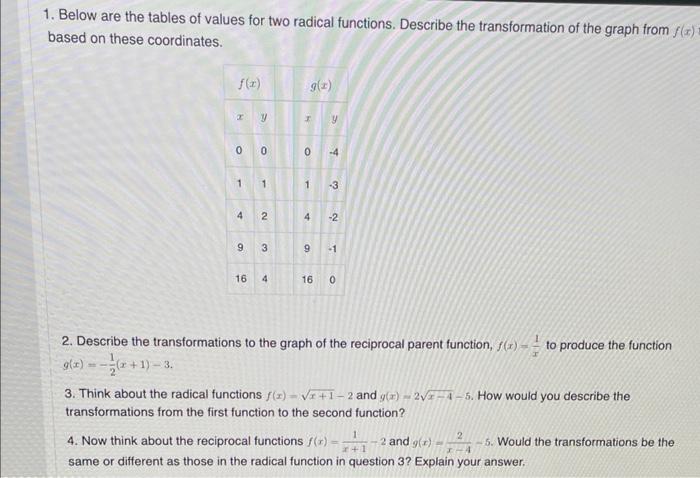 Solved 1. Below are the tables of values for two radical | Chegg.com