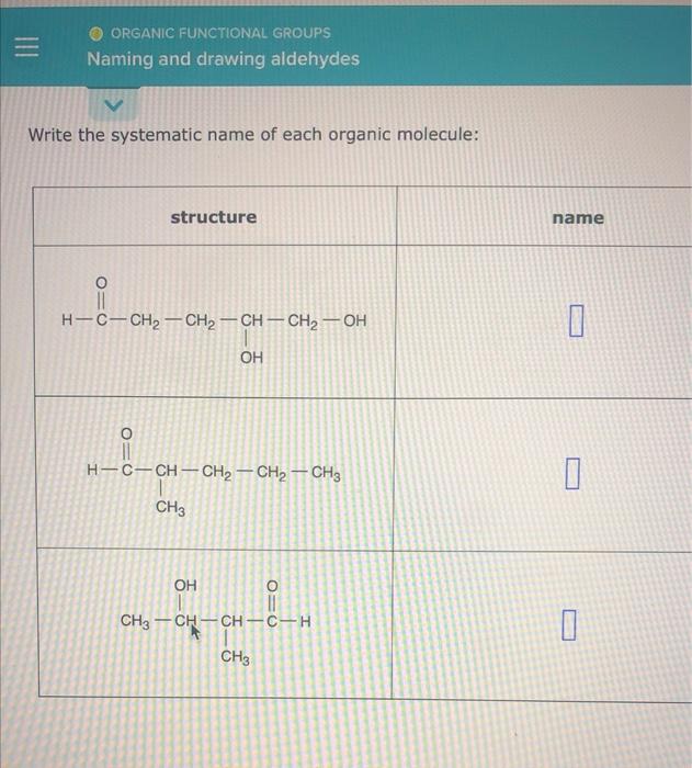 Solved ORGANIC FUNCTIONAL GROUPS Naming and drawing | Chegg.com