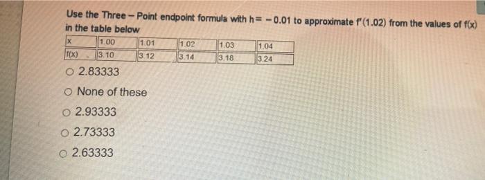 Solved Use the Three - Point endpoint formula with h= -0.01 | Chegg.com