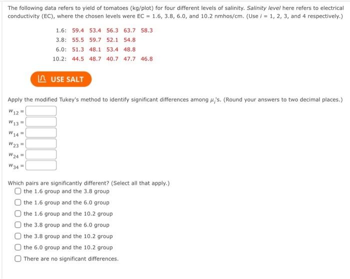 Solved The following data refers to yield of tomatoes ( | Chegg.com