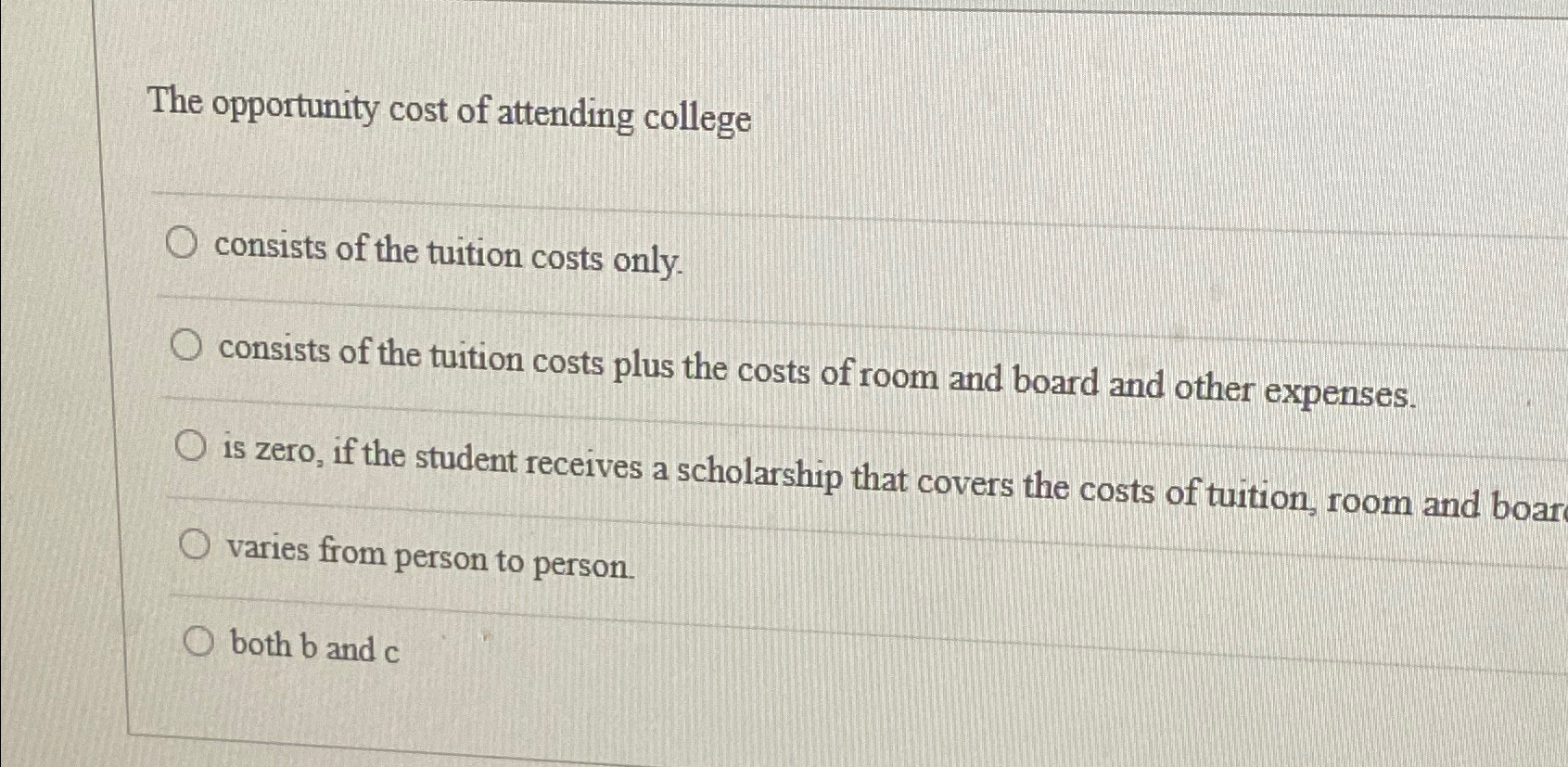 Solved The opportunity cost of attending collegeconsists of | Chegg.com