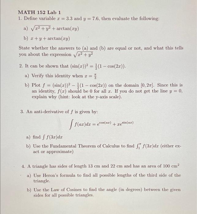 Solved MATH 152 Lab 1 1. Define variable x = 3.3 and y = | Chegg.com