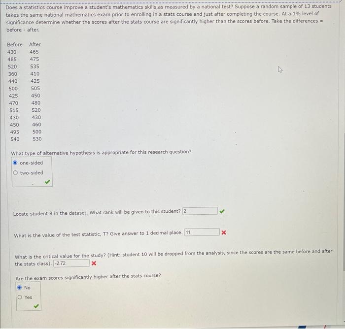 Solved Does a statistics course improve a student's | Chegg.com