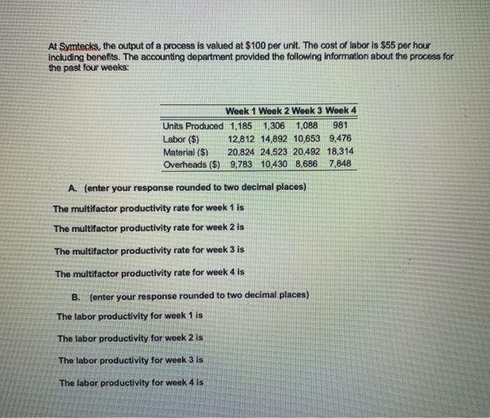 Solved At Symtecks, the output of a process is valued at | Chegg.com