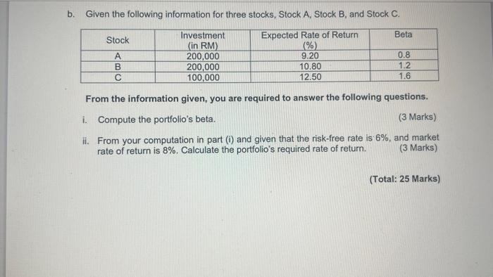 Solved b. Given the following information for three stocks, | Chegg.com Solved b. Given the following information for three stocks, | Chegg.com