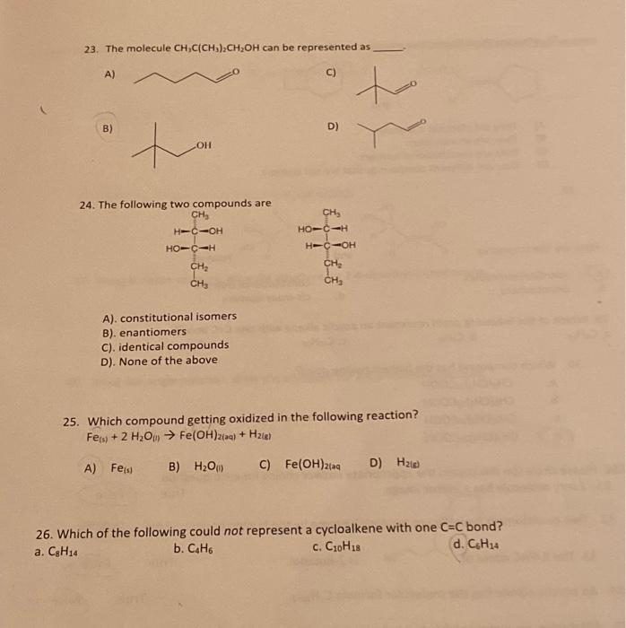Solved 23. The molecule CH3C(CH3)2CH2OH can be represented | Chegg.com
