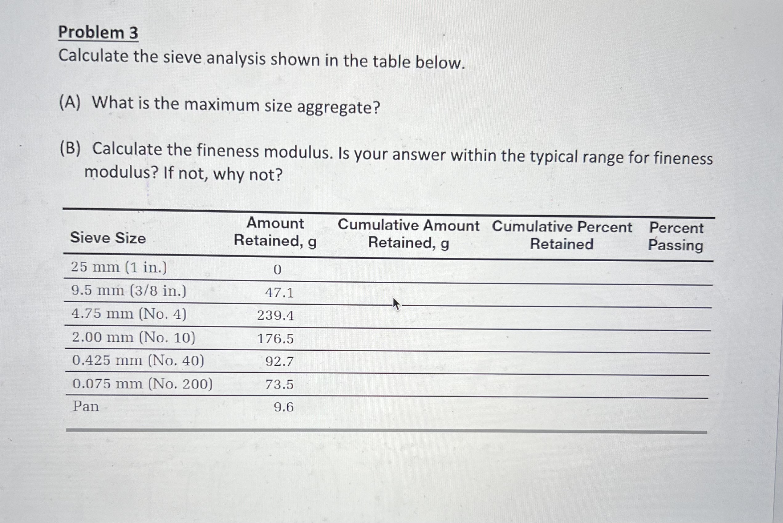 Solved Problem 3Calculate the sieve analysis shown in the | Chegg.com