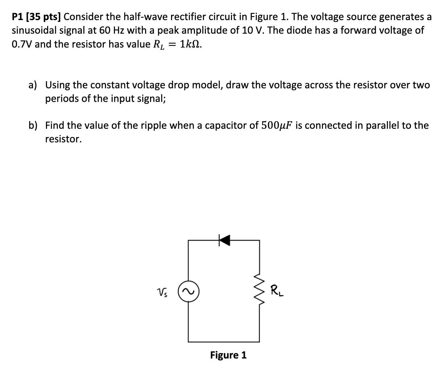 Solved P1 [35 ﻿pts] ﻿Consider the half-wave rectifier | Chegg.com