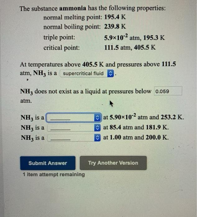 Solved The substance ammonia has the following properties: | Chegg.com