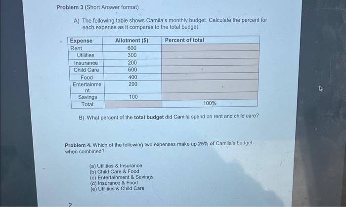 Solved A) The following table represents a college student's | Chegg.com