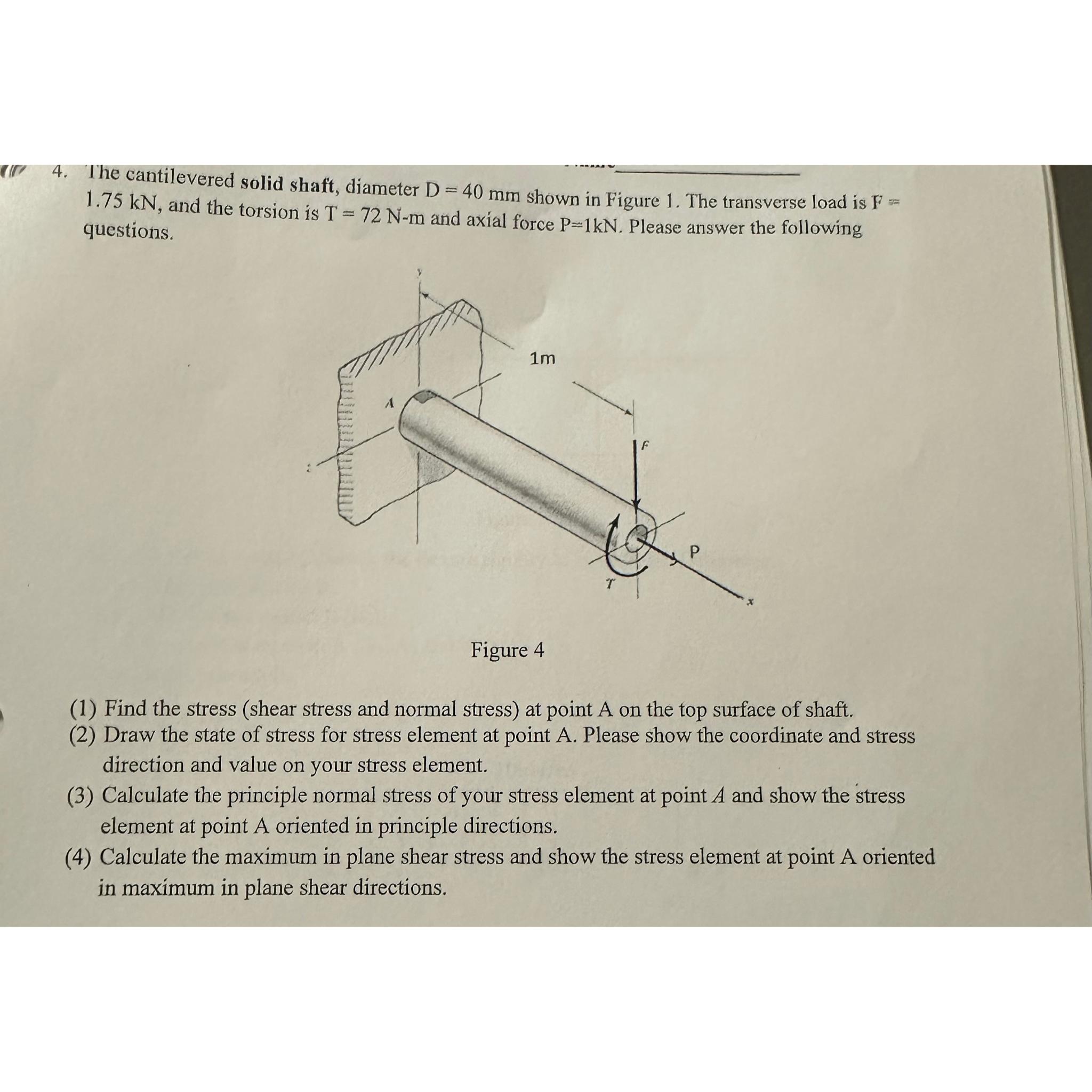 Solved The cantilevered solid shaft, diameter D=40mm ﻿shown | Chegg.com