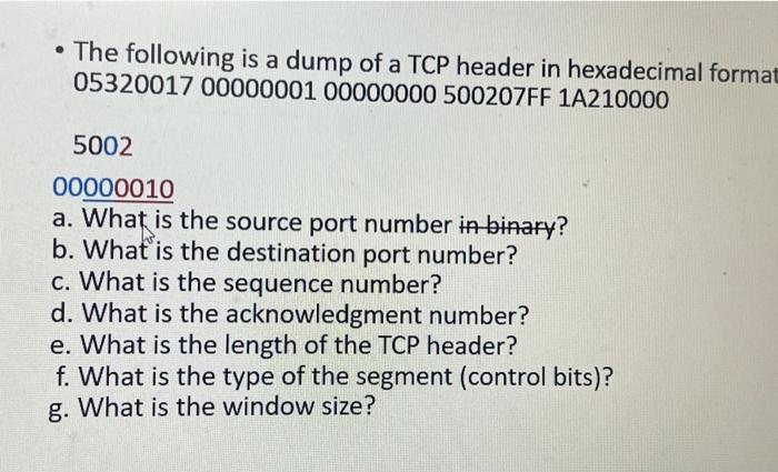 Solved - The following is a dump of a TCP header in | Chegg.com