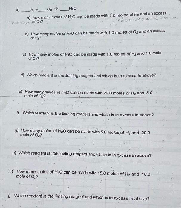 Solved 4. —H2+_02_H20 a) How many moles of H2O can be made | Chegg.com