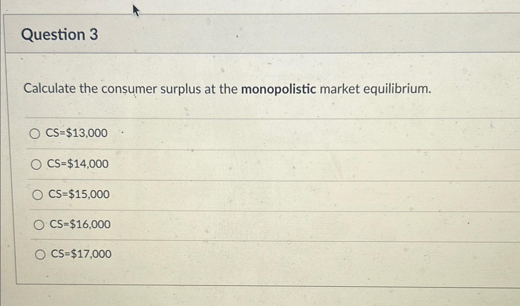 Solved Question 3Calculate the consumer surplus at the | Chegg.com