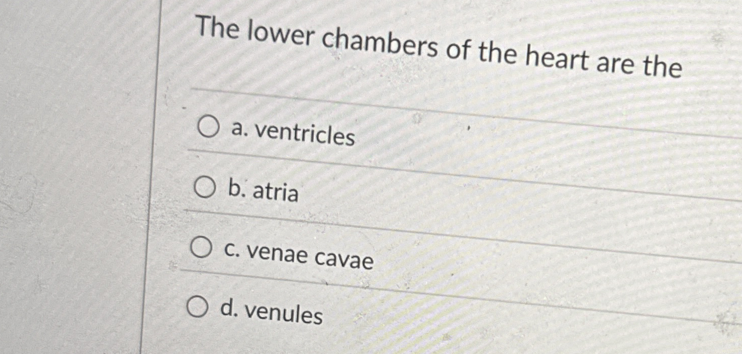 Solved The lower chambers of the heart are thea. | Chegg.com