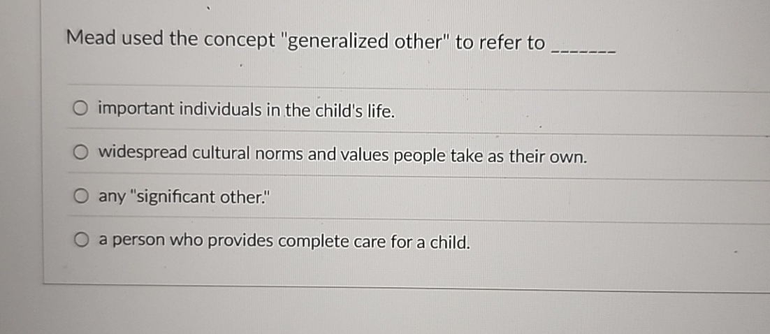 Solved Mead used the concept "generalized other" to refer to | Chegg.com