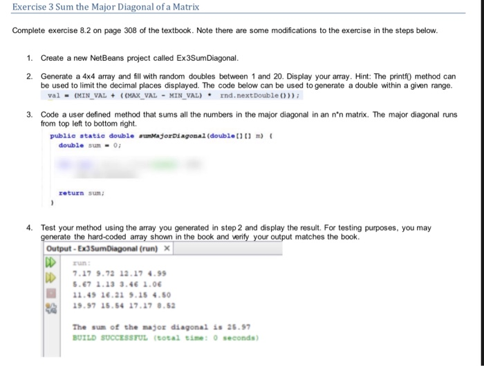 Solved Exercise 3 Sum the Major Diagonal of a Matrix | Chegg.com