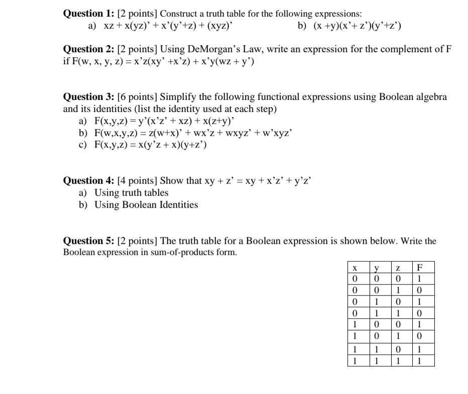 Solved Question 1: [ 2 points] Construct a truth table for | Chegg.com